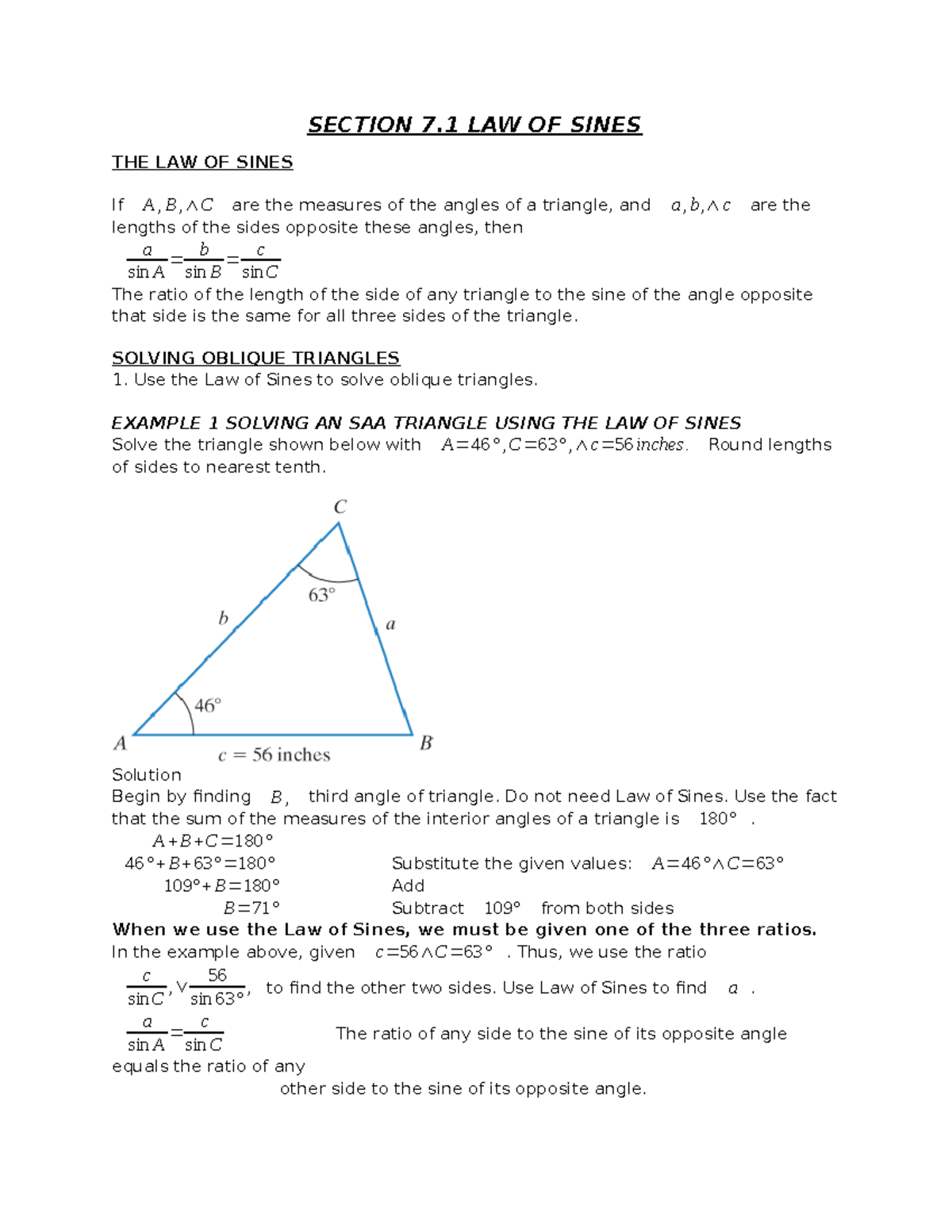 Sec7 subsection 1, 7.1 - SECTION 7 LAW OF SINES THE LAW OF SINES If A ...