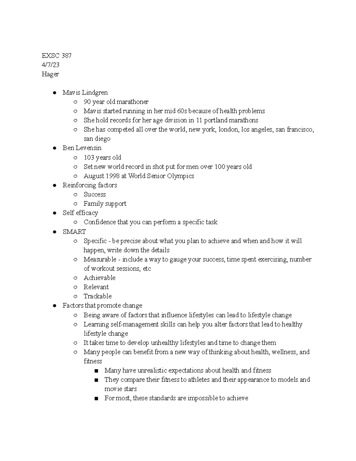 EXSC 387 Lecture 4/7/23 - EXSC 387 4/7/ Hager Mavis Lindgren 90 year ...