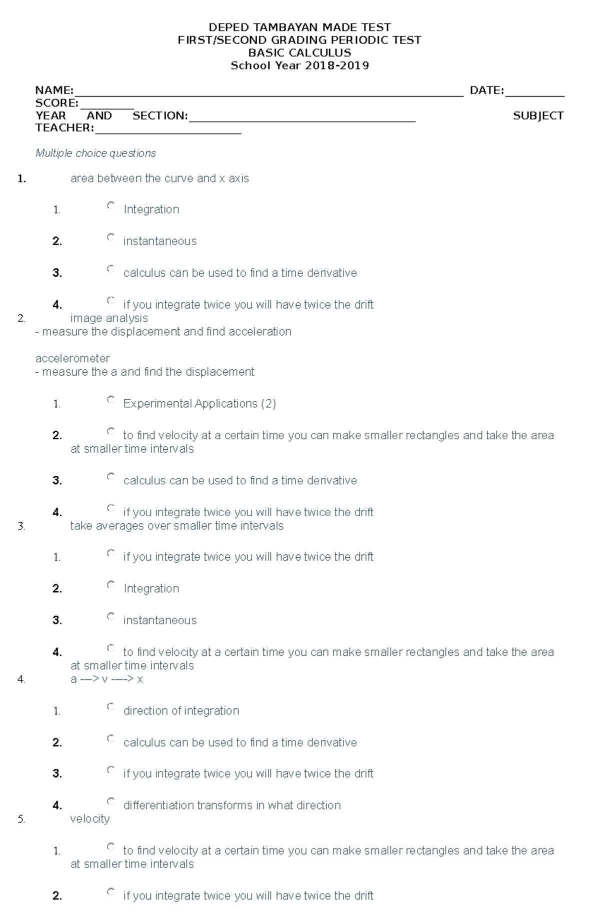 Exam 2018, questions - FIRST/SECOND GRADING PERIODIC TESTDEPED TAMBAYAN ...