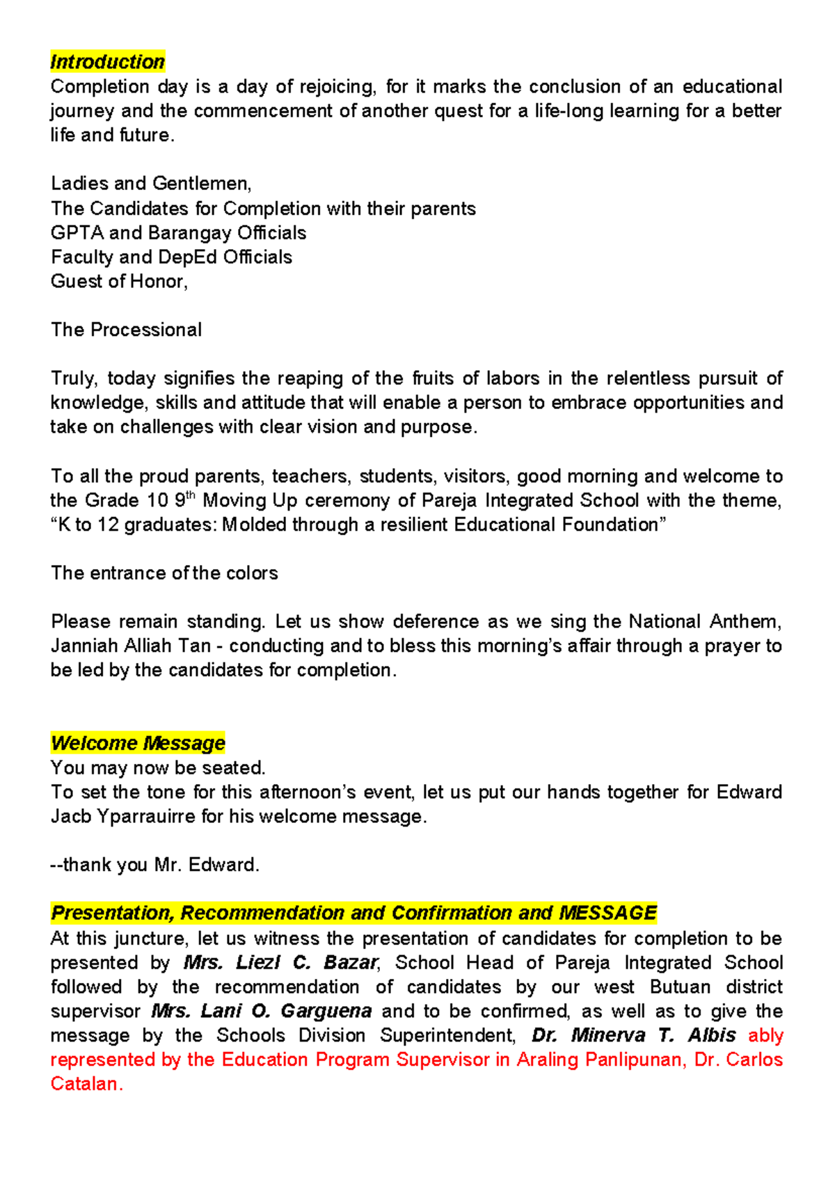 Script for moving up ceremony - Introduction Completion day is a day of ...