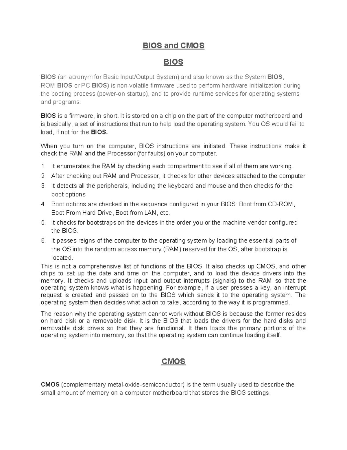 Important Microcomputer Concepts - BIOS and CMOS BIOS BIOS (an acronym ...