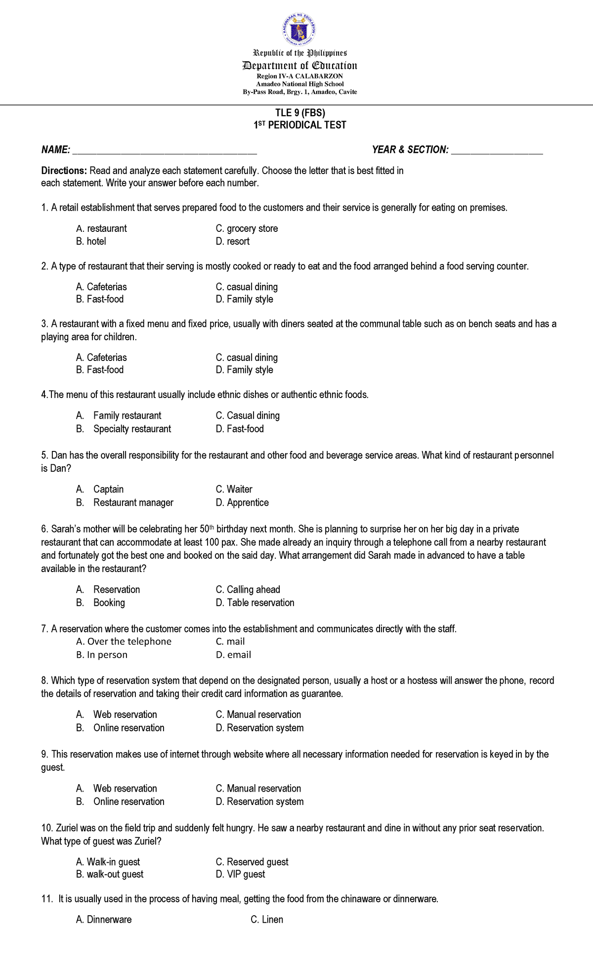 FBS 1st Periodical-TEST - Department of Education Region IV-A ...