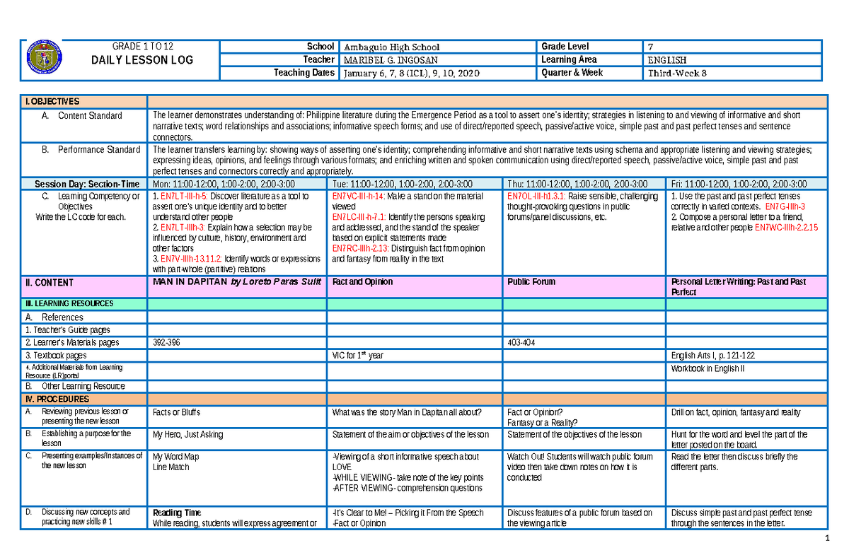 Week 8recovered - weekly dll for English 7 & 8 - GRADE 1 TO 12 DAILY ...