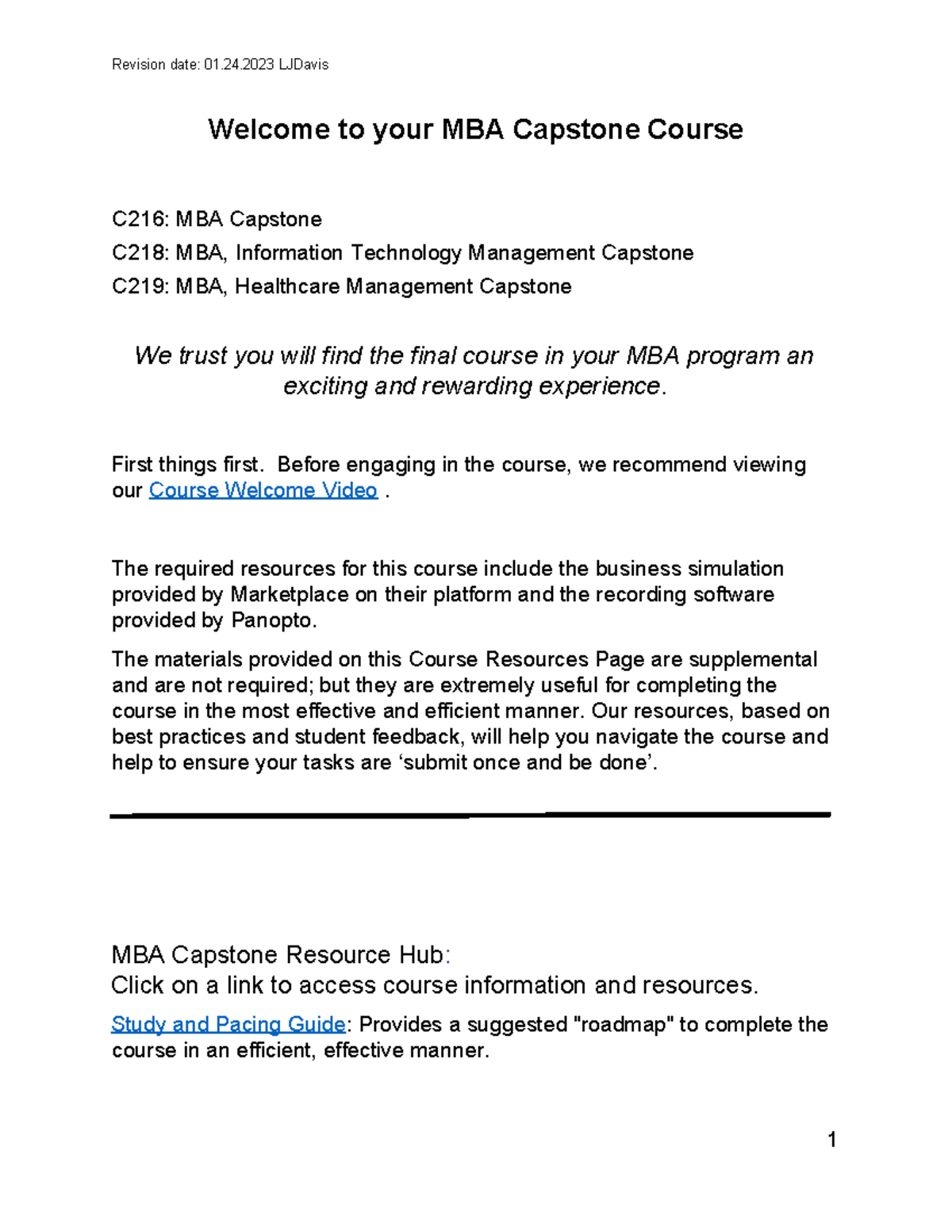 C216 Capstone Resources - Welcome to your MBA Capstone Course C216: MBA Capstone C218: MBA ...