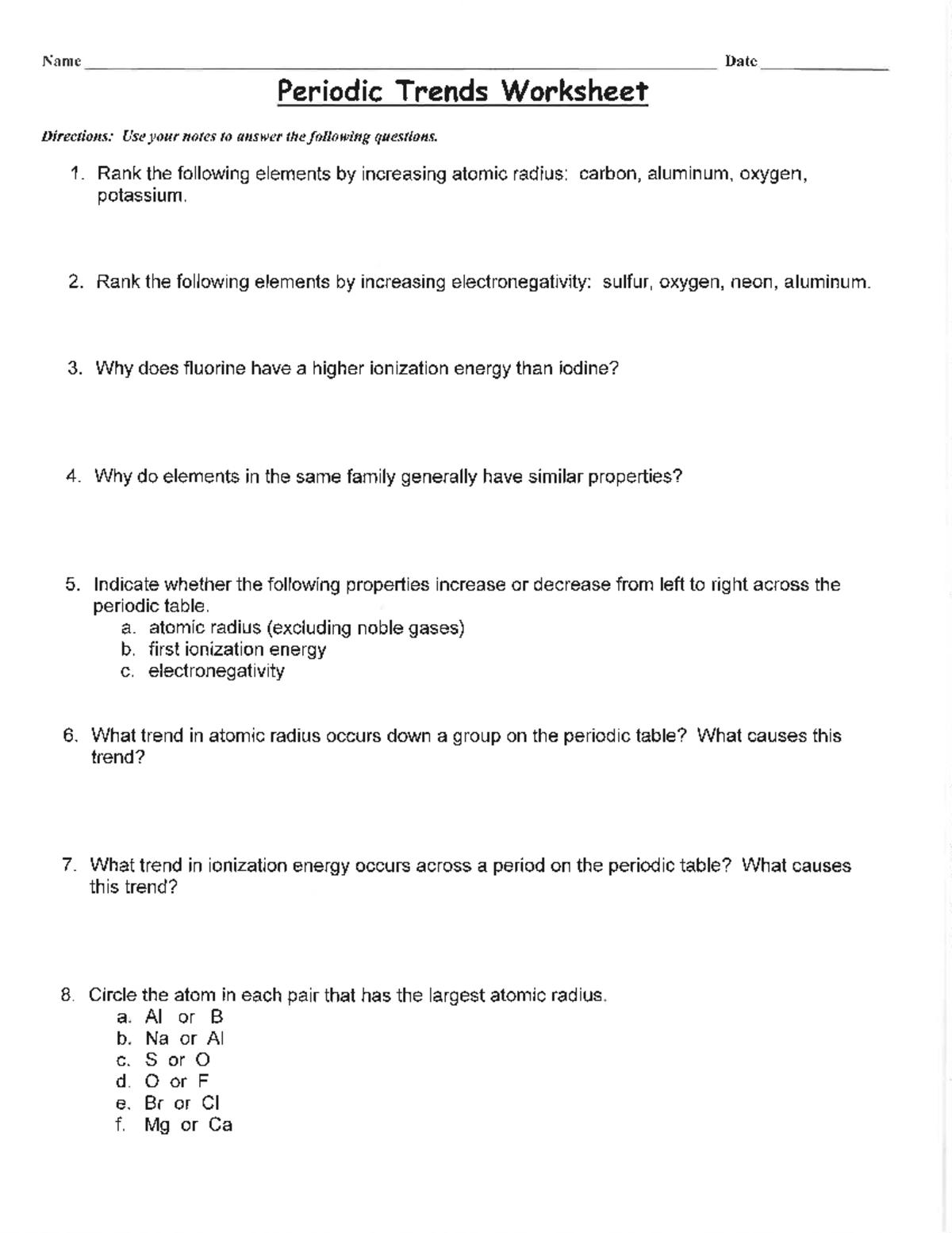 Periodic Trends Total Review Practice 2 WITH KEY - Chemistry - Studocu