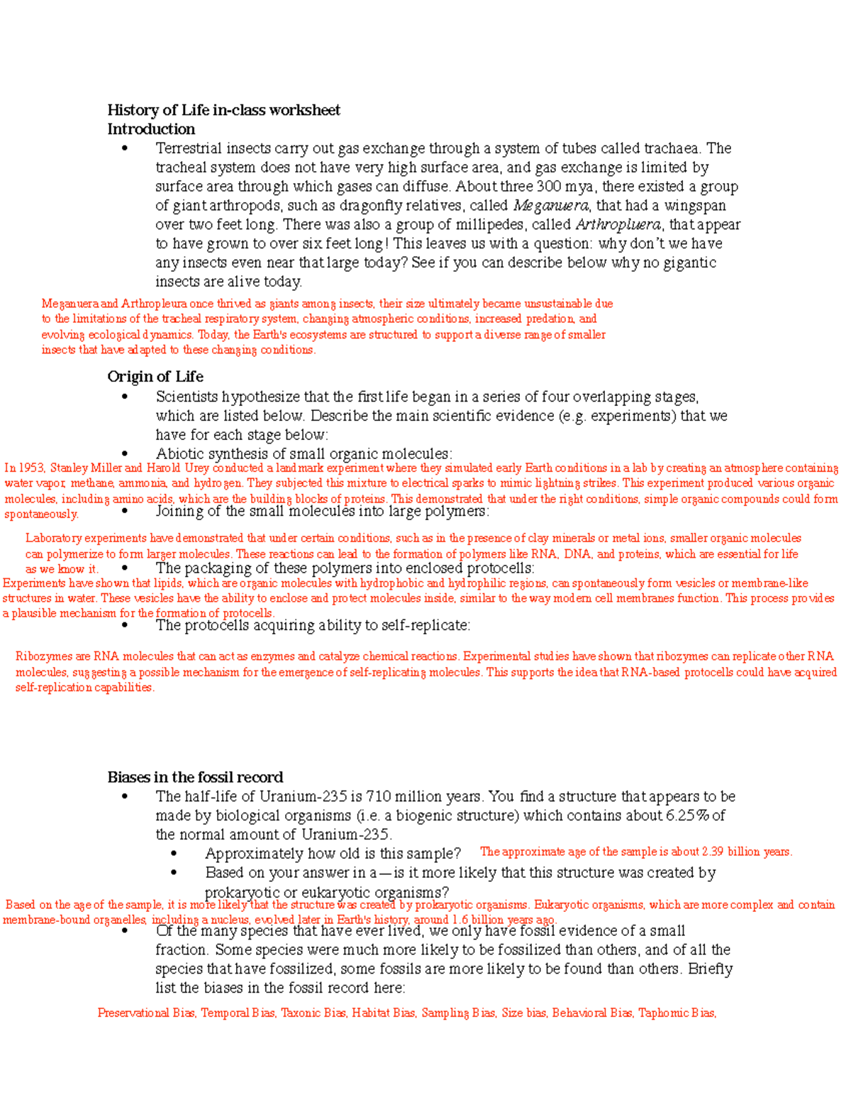 25Worksheet - Chapter 25 completed Worksheet - History of Life in-class ...