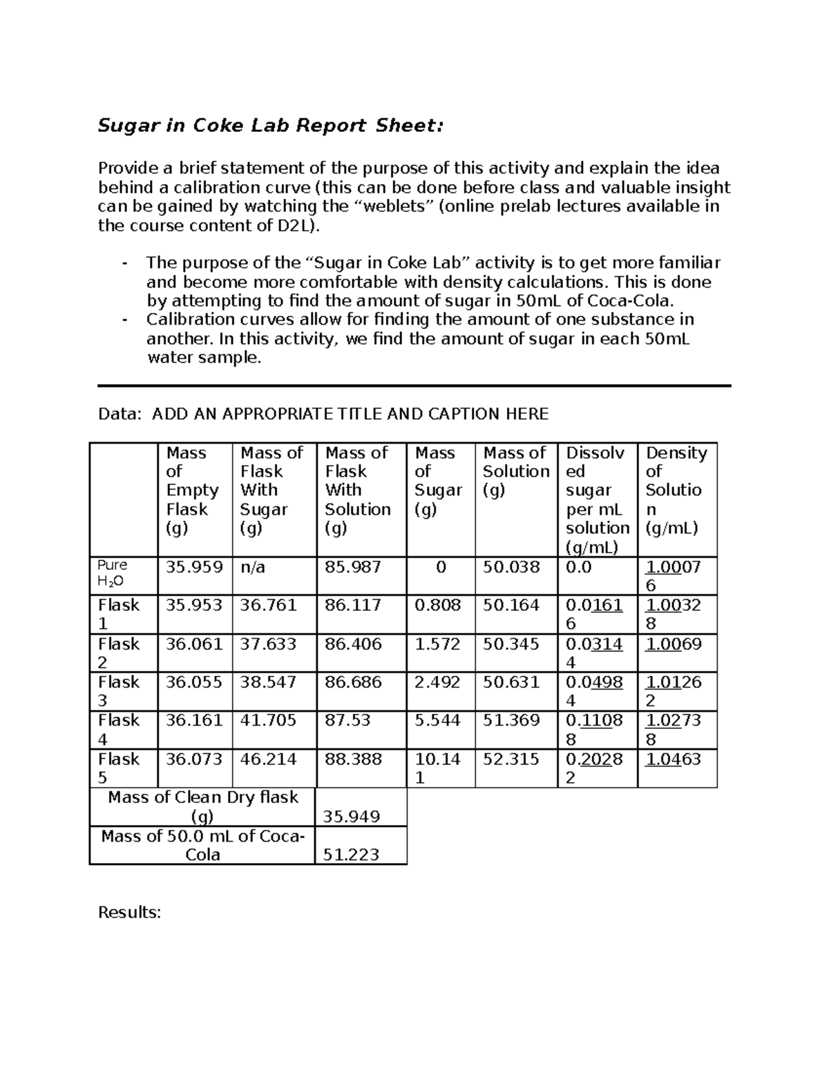 Lab Sugar in the Coke - Sugar in Coke Lab Report Sheet: Provide a brief ...