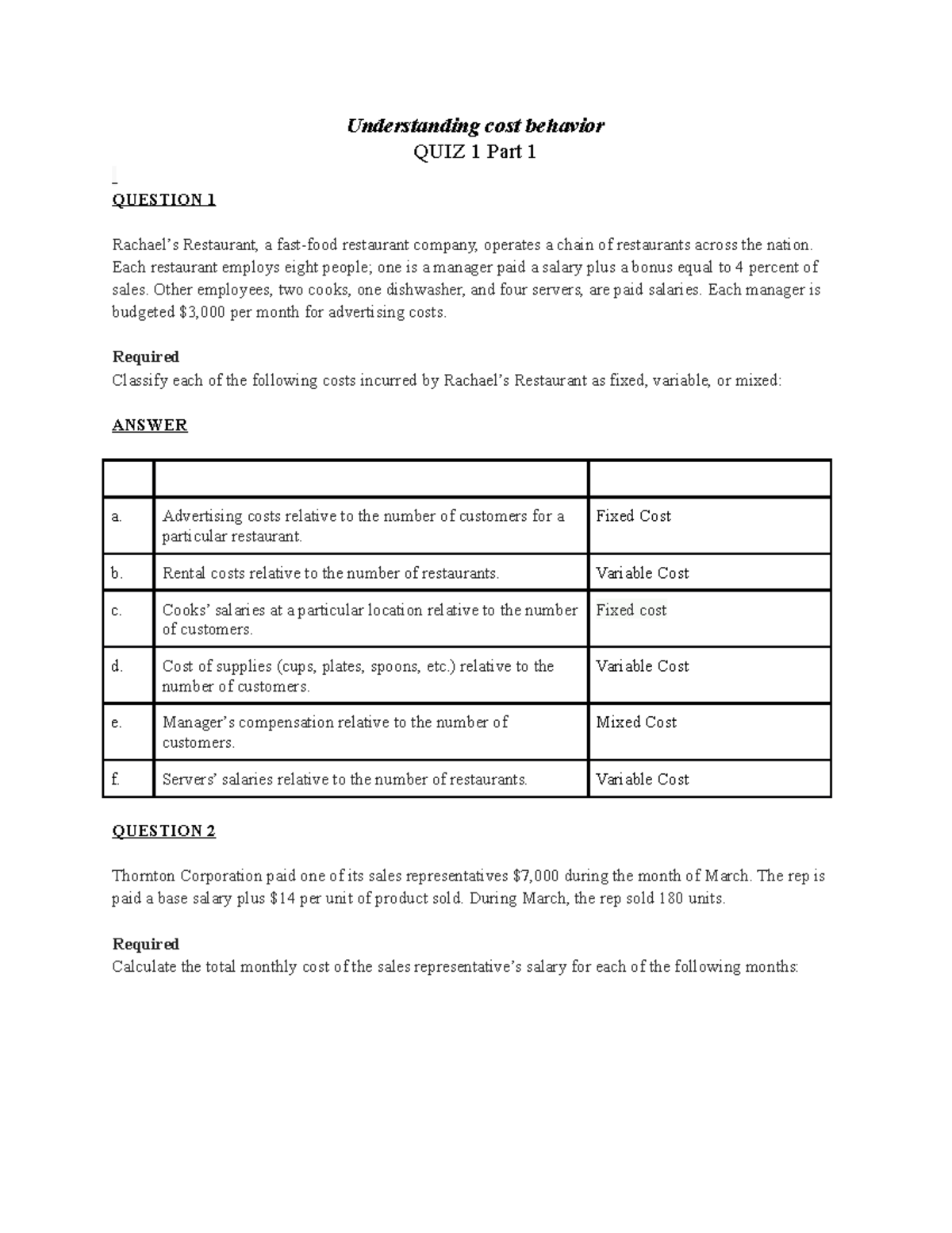 Understanding cost behavior Quiz 1 - Understanding cost behavior QUIZ 1 ...