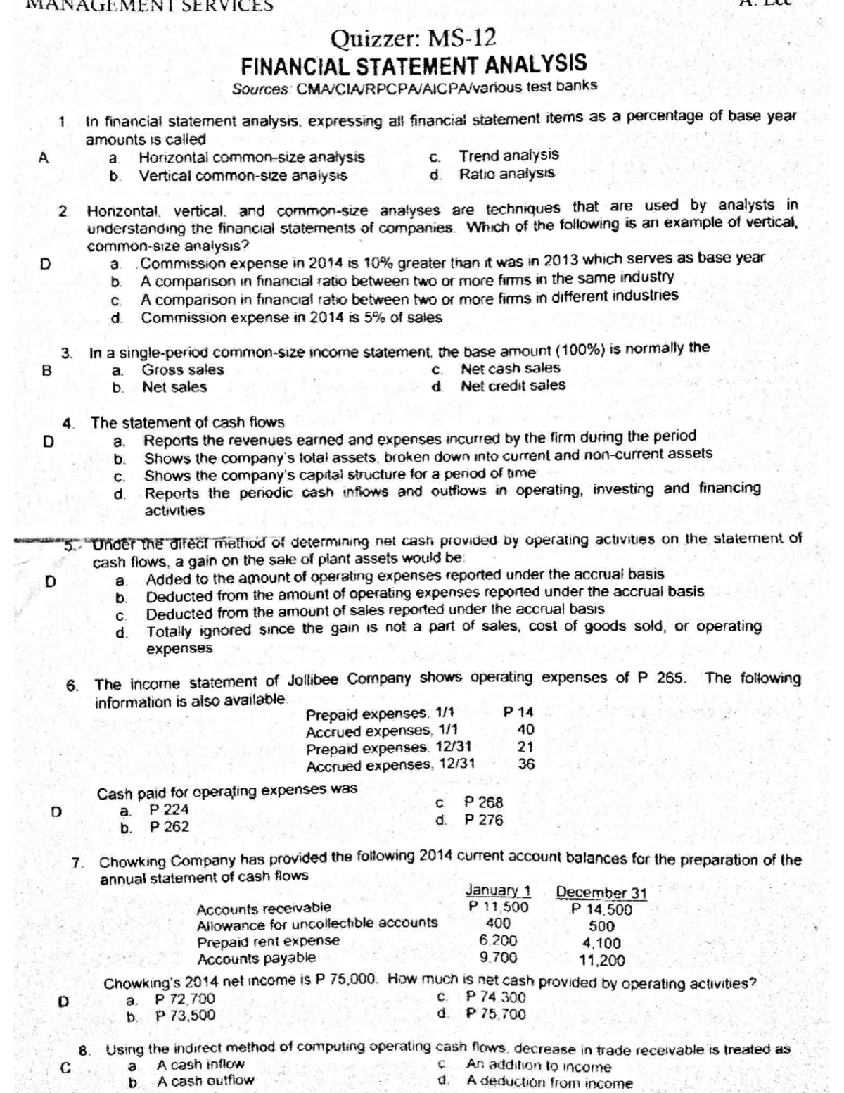 Financial Statement Analysis - FSA Prac Questions - accountancy - Studocu