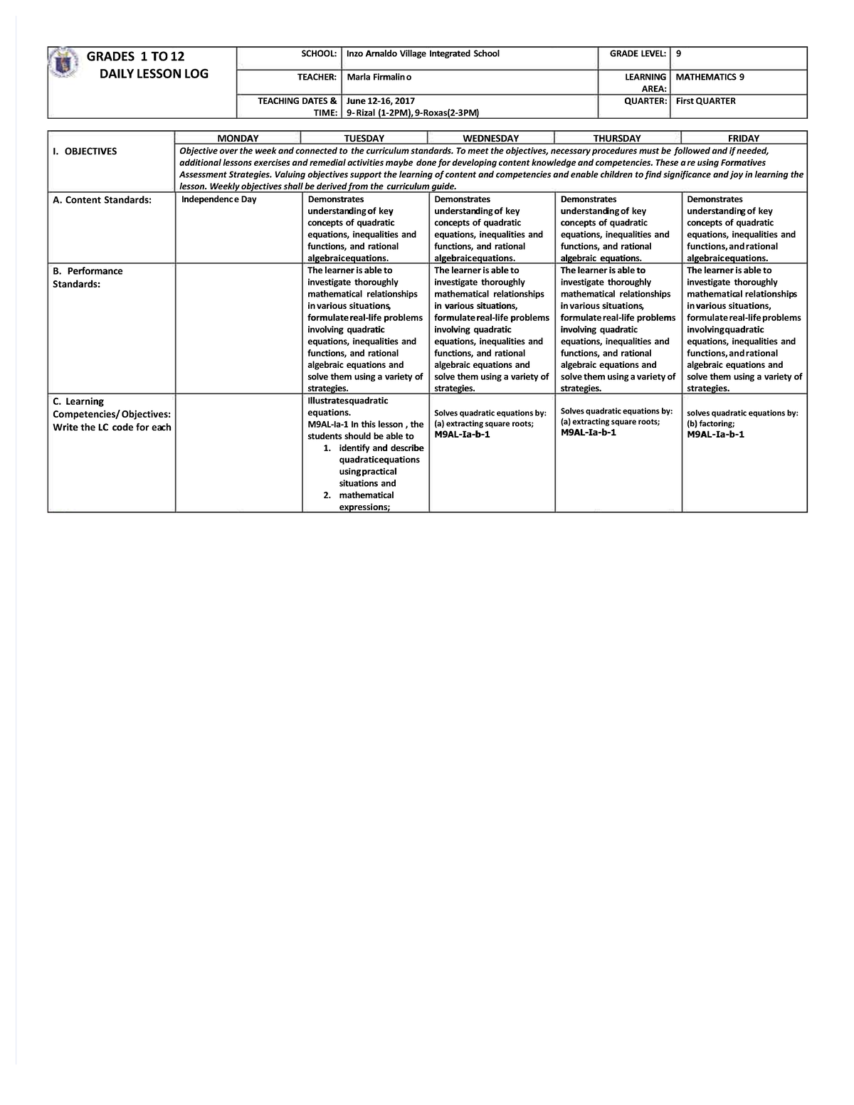 Pdf-dll-math-9-q1-w21 compress - GRADESGRADES 1 TO1 TO 1212 DAILY ...