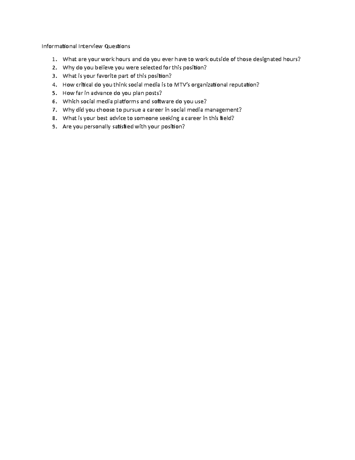 Assignment 4: Informational Interview Questions - Informational ...