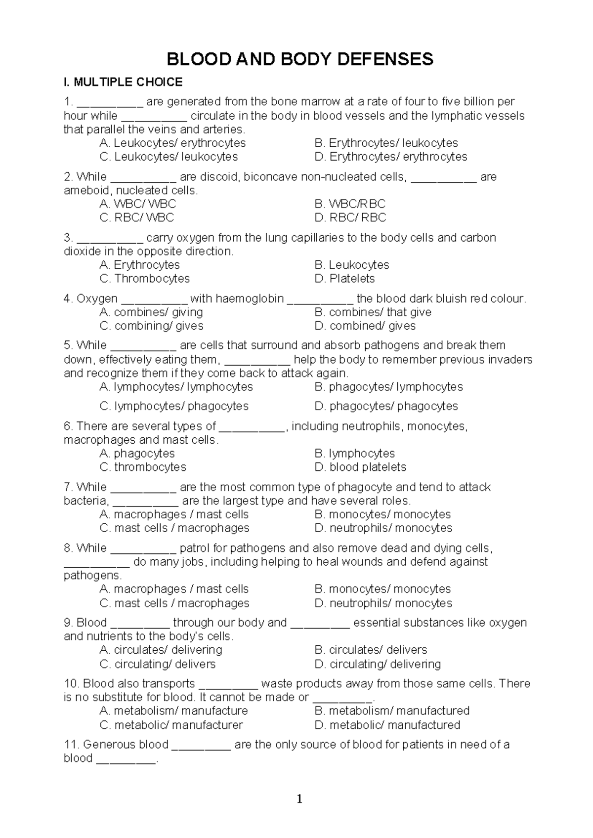 Handout - Blood & BODY Defenses - BLOOD AND BODY DEFENSES I. MULTIPLE ...