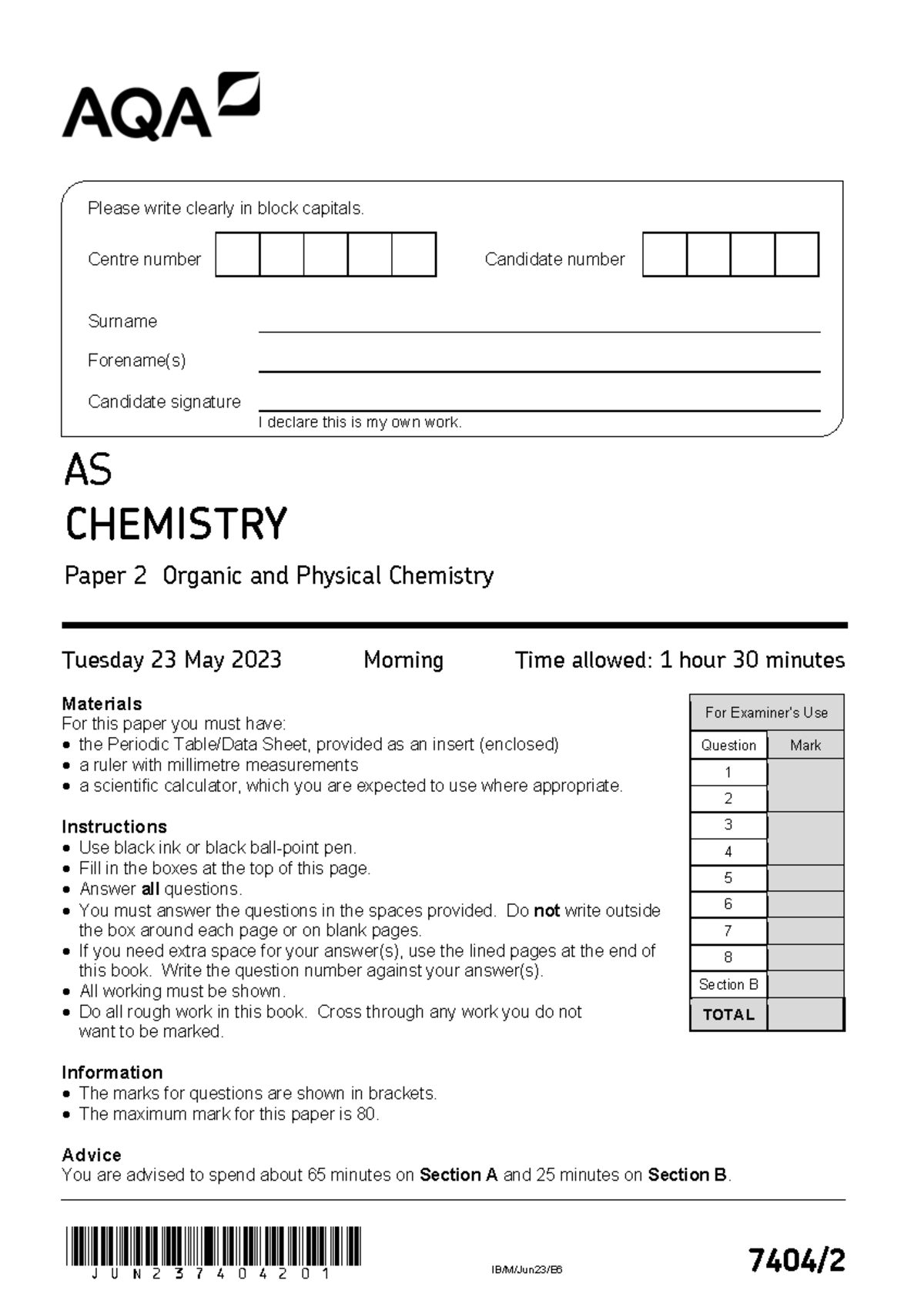 AQA AS CHEM 2 2023 - Module on bio - JUN237404201 IB/M/Jun23/E6 7404 ...