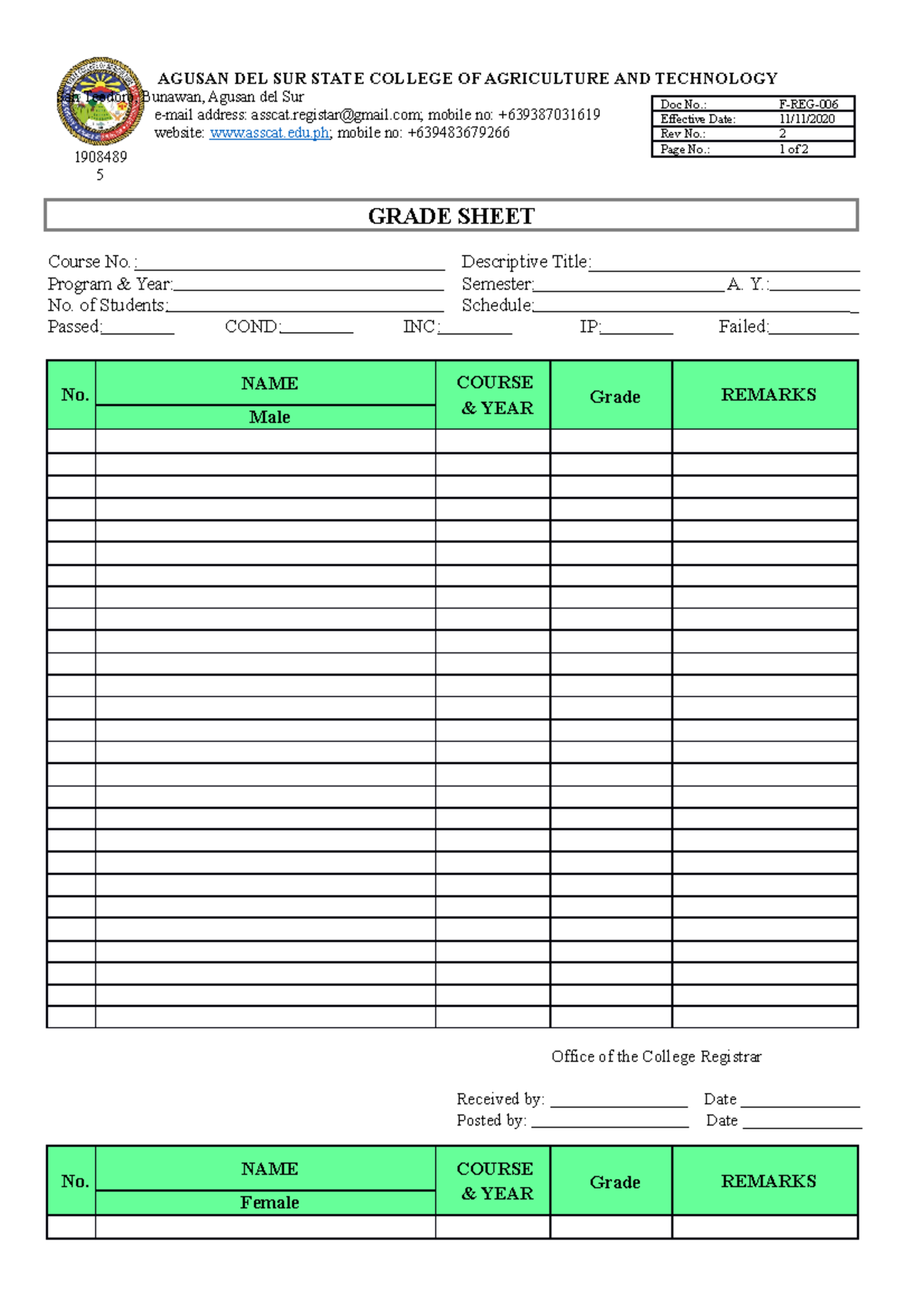F REG 006 Grade Sheet - 1908489 5 AGUSAN DEL SUR STATE COLLEGE OF ...