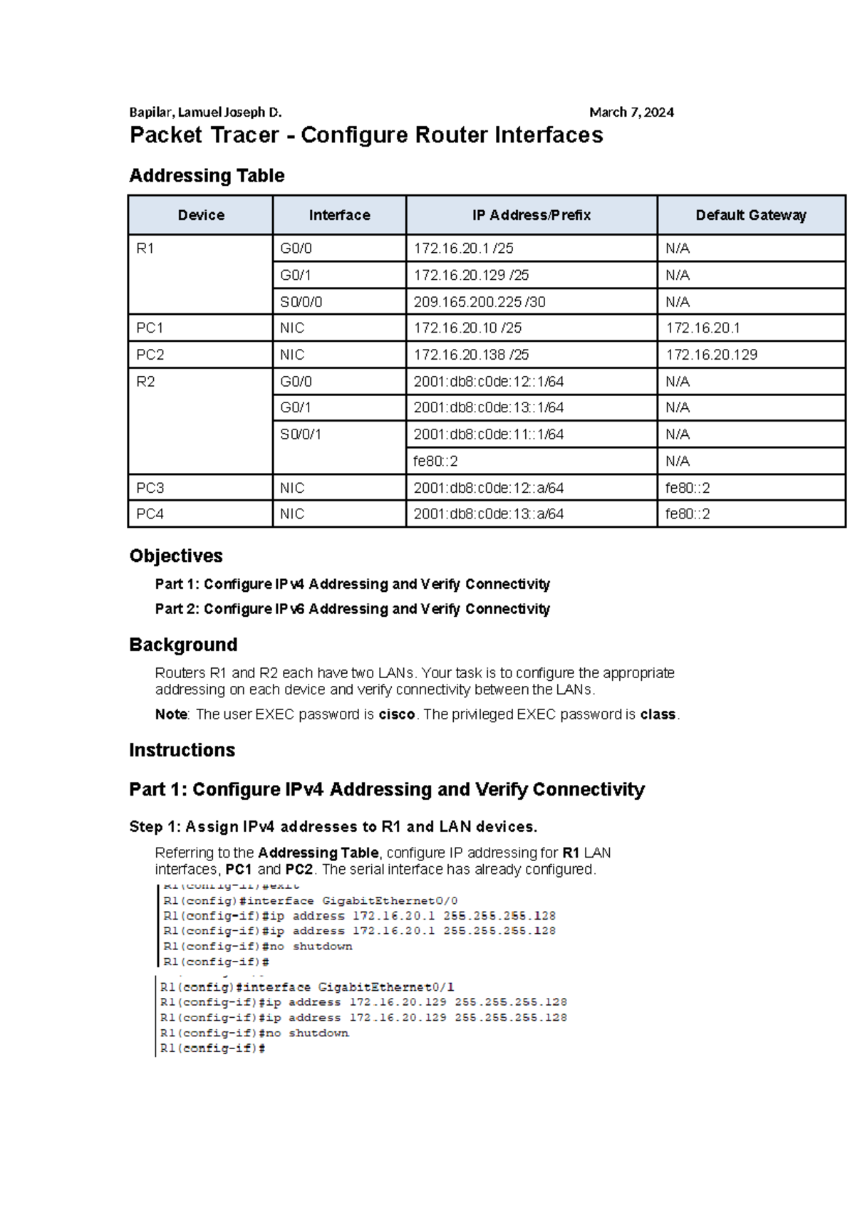 Bapilar 1.4.7 Packet Tracer - Configure Router Interfaces - Bapilar, Lamuel Joseph D. March 7 ...