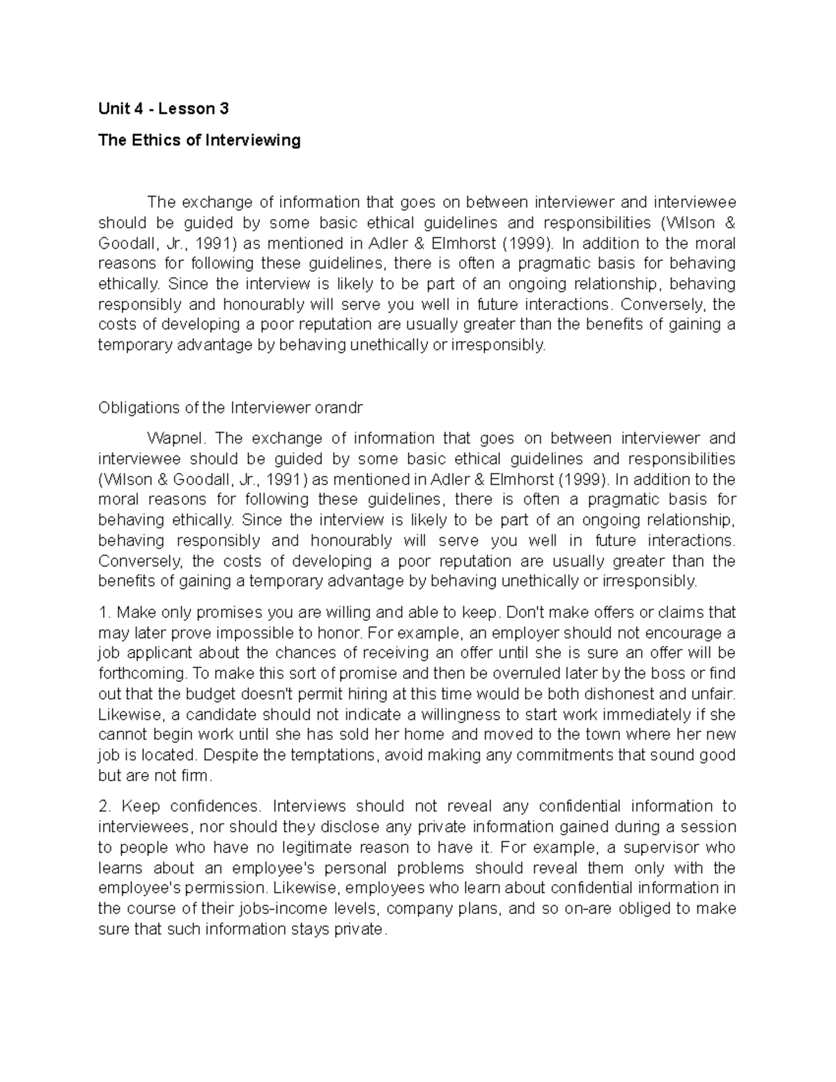 The Ethics of Interviewing - Unit 4 - Lesson 3 The Ethics of ...