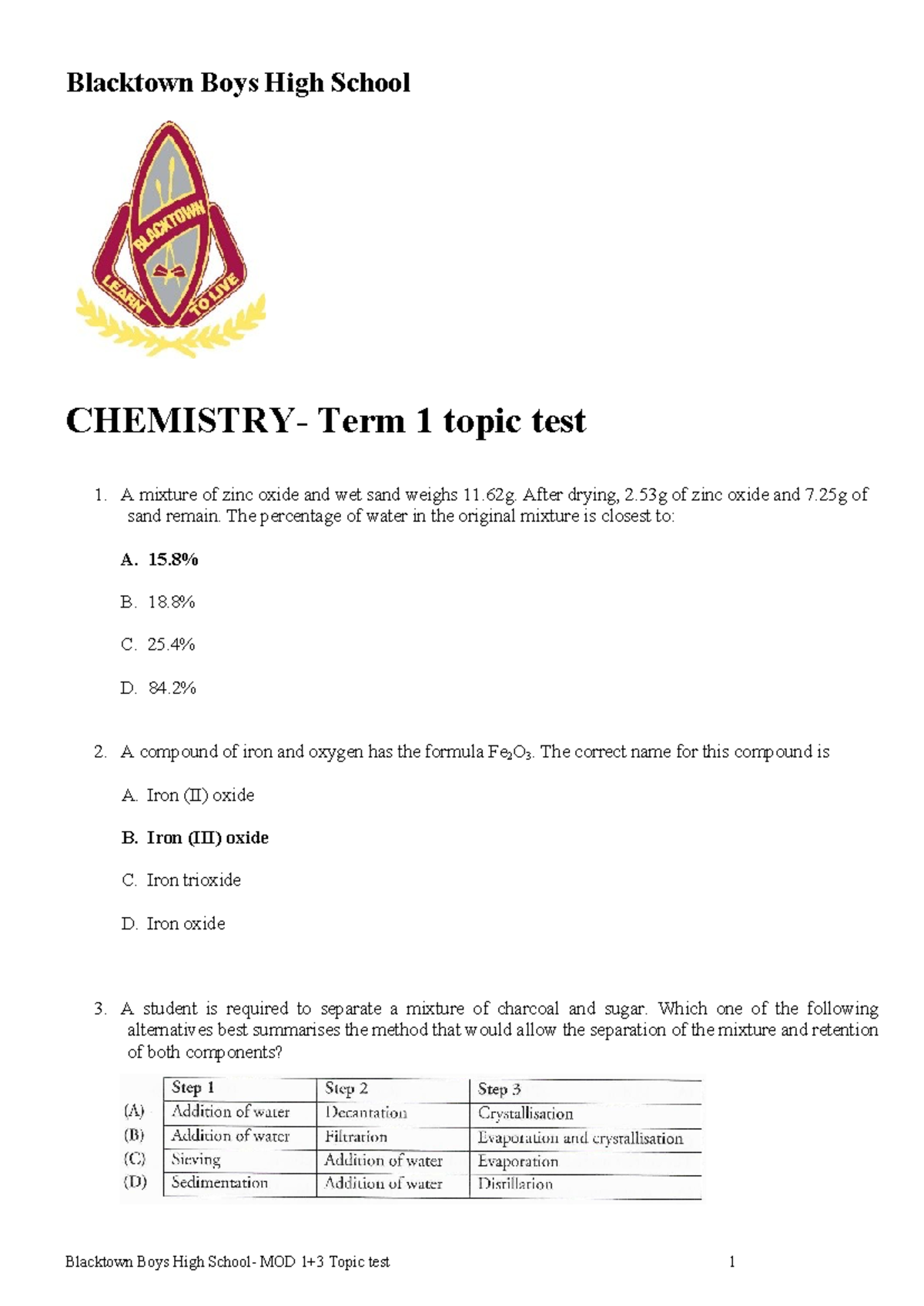 Topic 1-3 test A - chem - Blacktown Boys High School CHEMISTRY- Term 1 ...