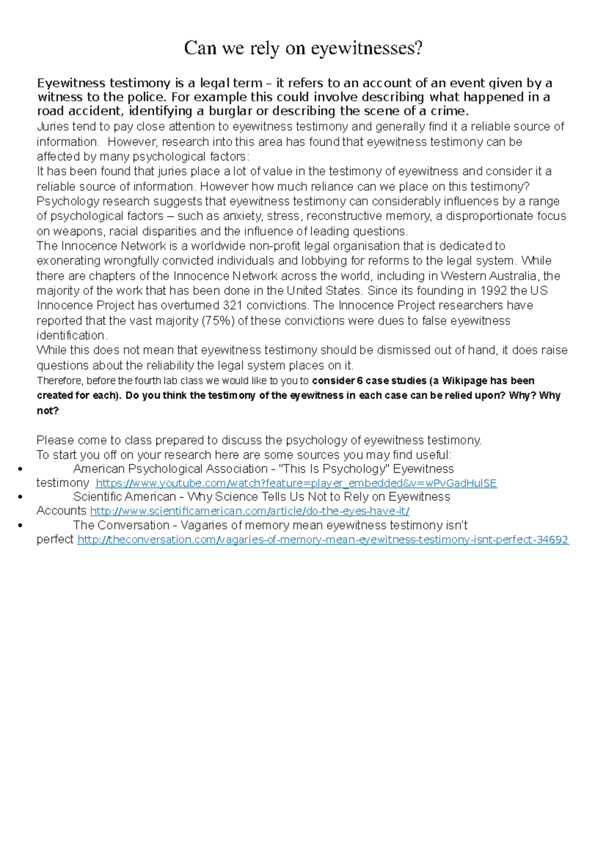 Psyc Lab Wk9 Notes - Eyewitness reports & Perception - Can we rely on ...