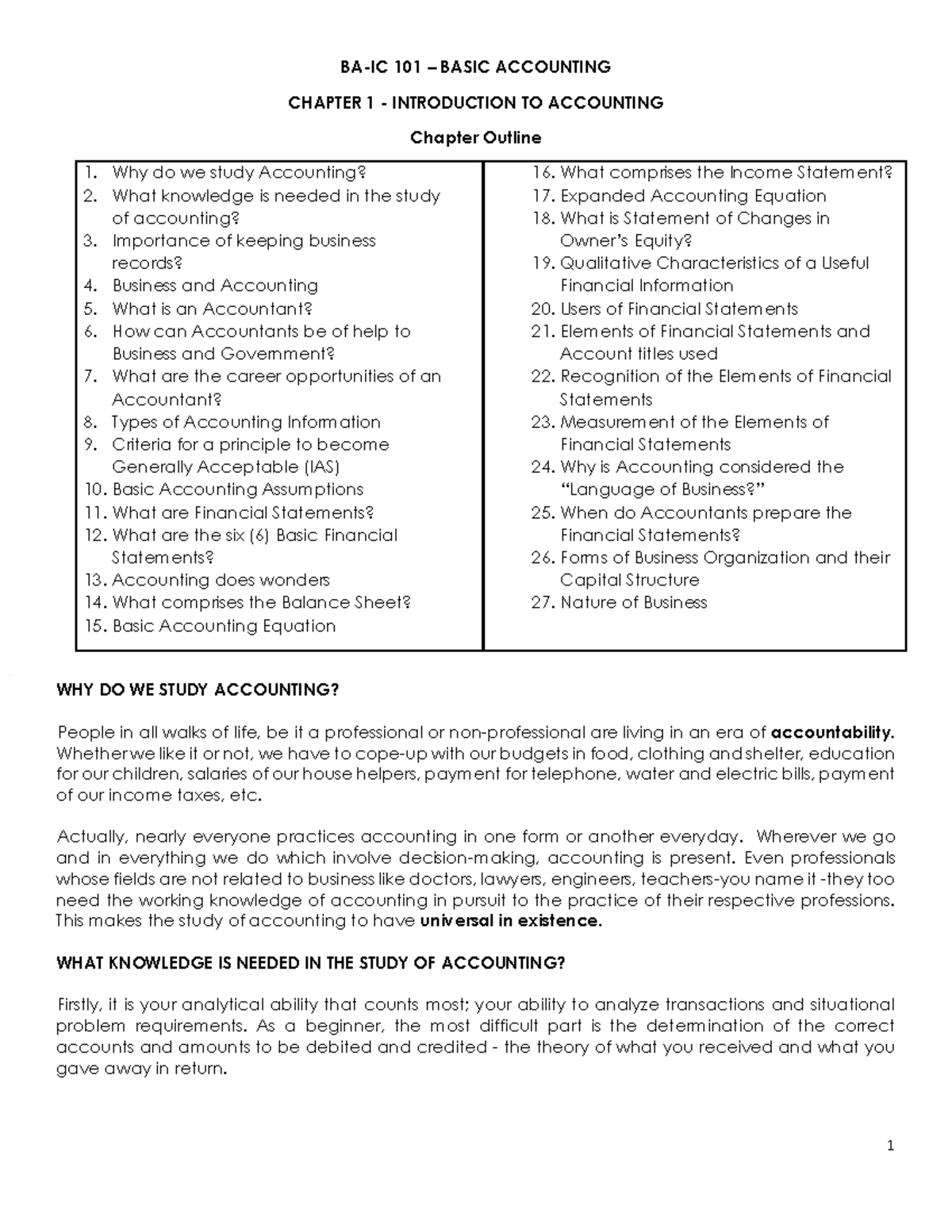 Basic Accounting Chapter 1 - BA-IC 101 – BASIC ACCOUNTING CHAPTER 1 ...