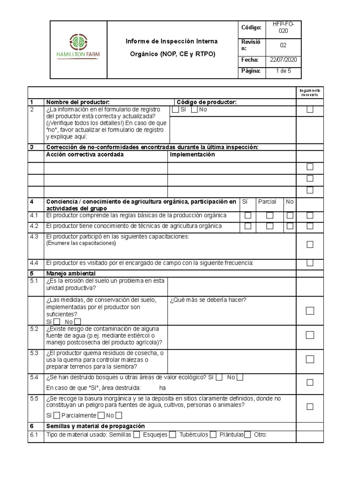 E HFP-FO-020 Informe DE Inspeccion Interna Organico - Informe de Inspección Interna Orgánico ...