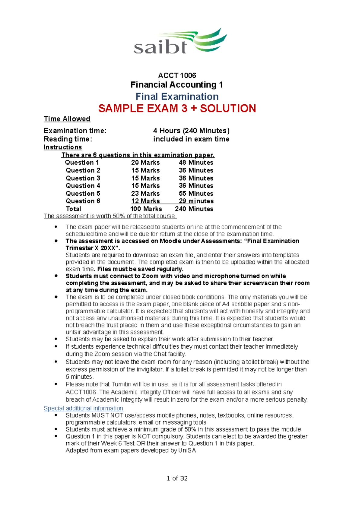 Sample Exam #3 with Solutions - ACCT 1006 Financial Accounting 1 Final ...