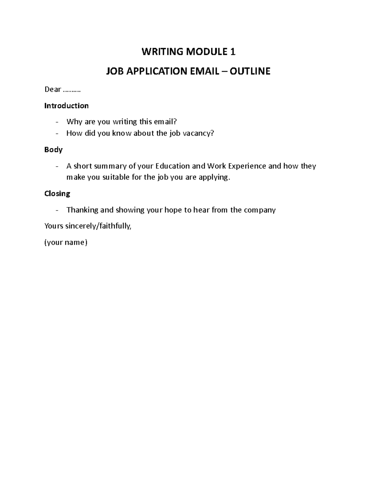 Writing Module 1 - JOB Application Email - Outline - WRITING MODULE 1 ...