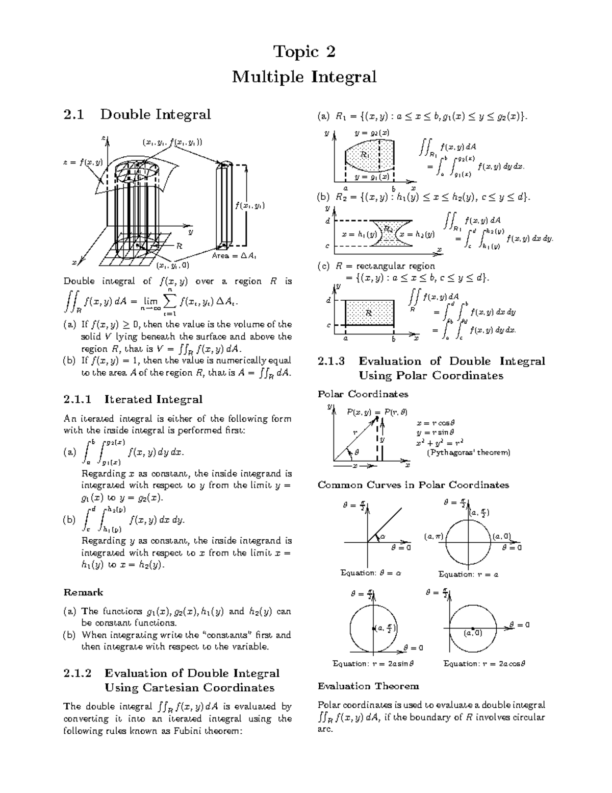 Note on Topic 2 - Lecture notes 2 - Topic 2 Multiple Integral 2 Double ...