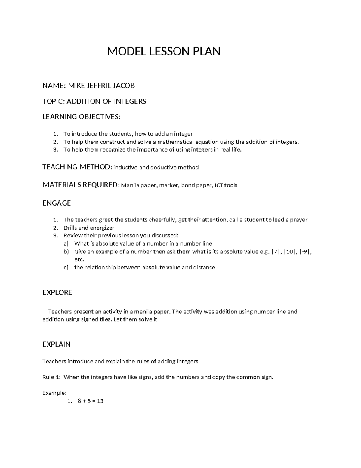 Model Lesson PLAN - none - MODEL LESSON PLAN NAME: MIKE JEFFRIL JACOB ...