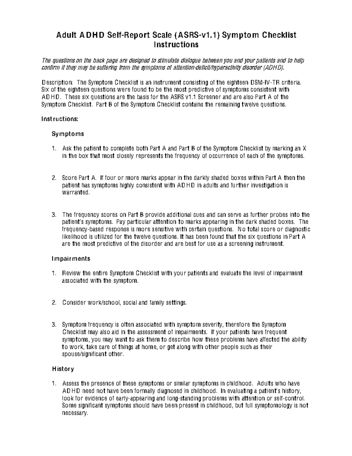 Adult ADHD Self-Report Scale (ASRS-v1.1) Symptom Checklist - Adult A D H D Self-Report Scale ...