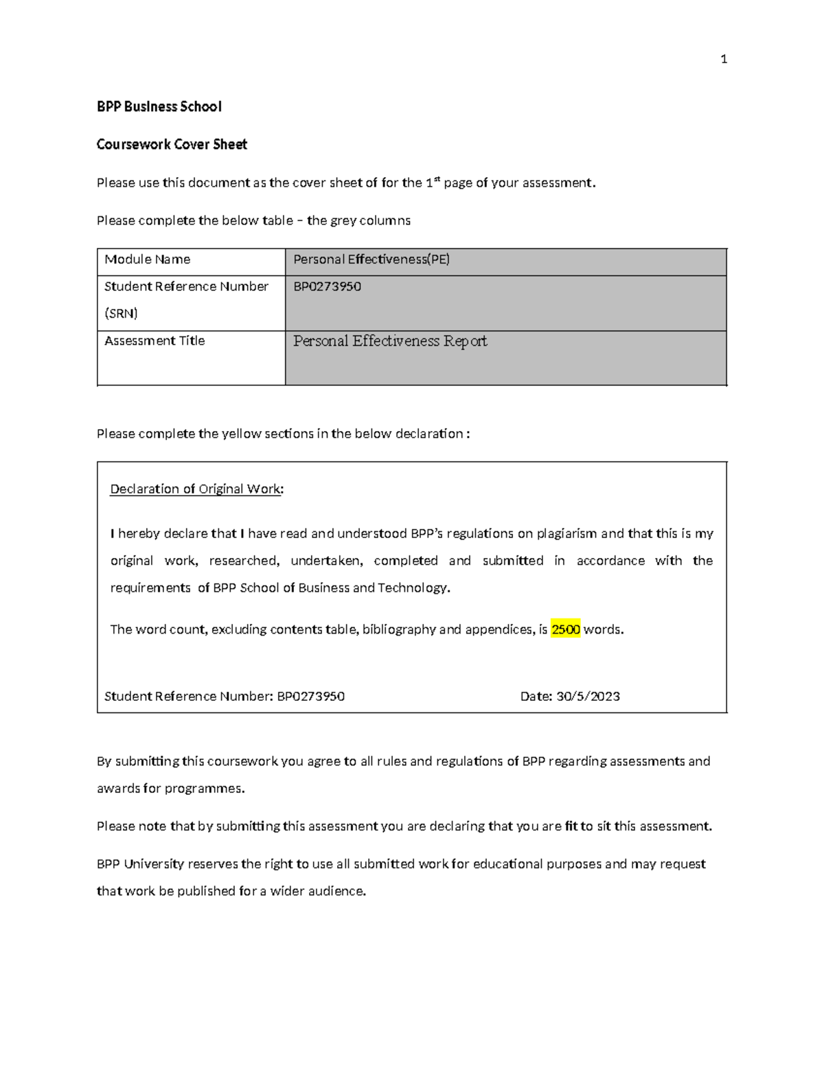 692222672 Personal Effectiveness 1 1 Copy - BPP Business School Coursework Cover Sheet Please ...