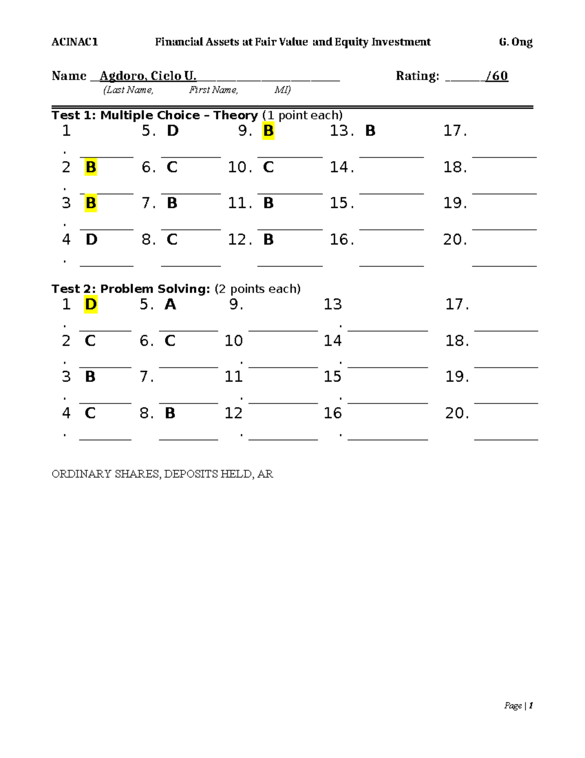 Investment in Equity Answer Sheet - ACINAC1 Financial Assets at Fair ...