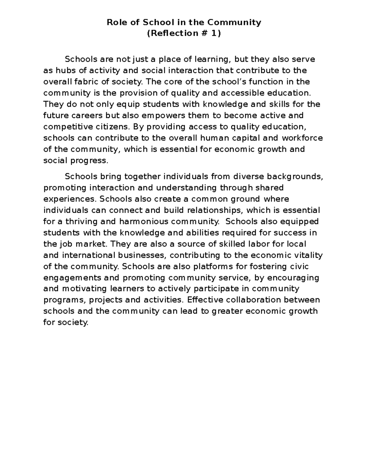 Reflections IN EDUC 213 - Role of School in the Community (Reflection ...