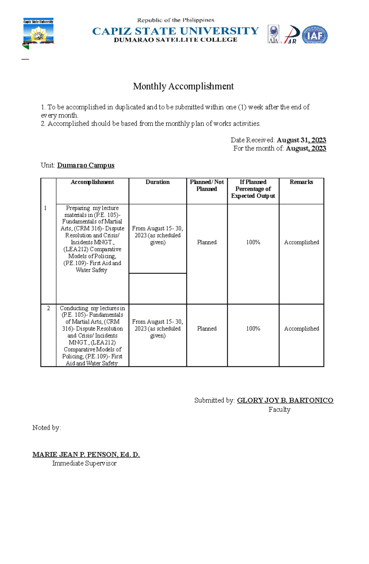 Attachment on january final - Monthly Accomplishment 1. To be ...