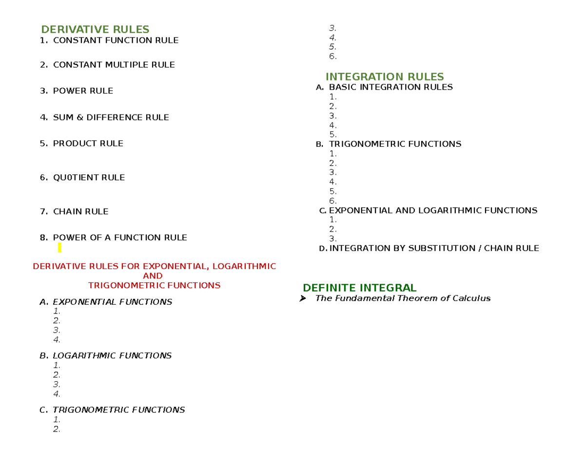 Derivative and Integration Rules - DERIVATIVE RULES 1. CONSTANT ...