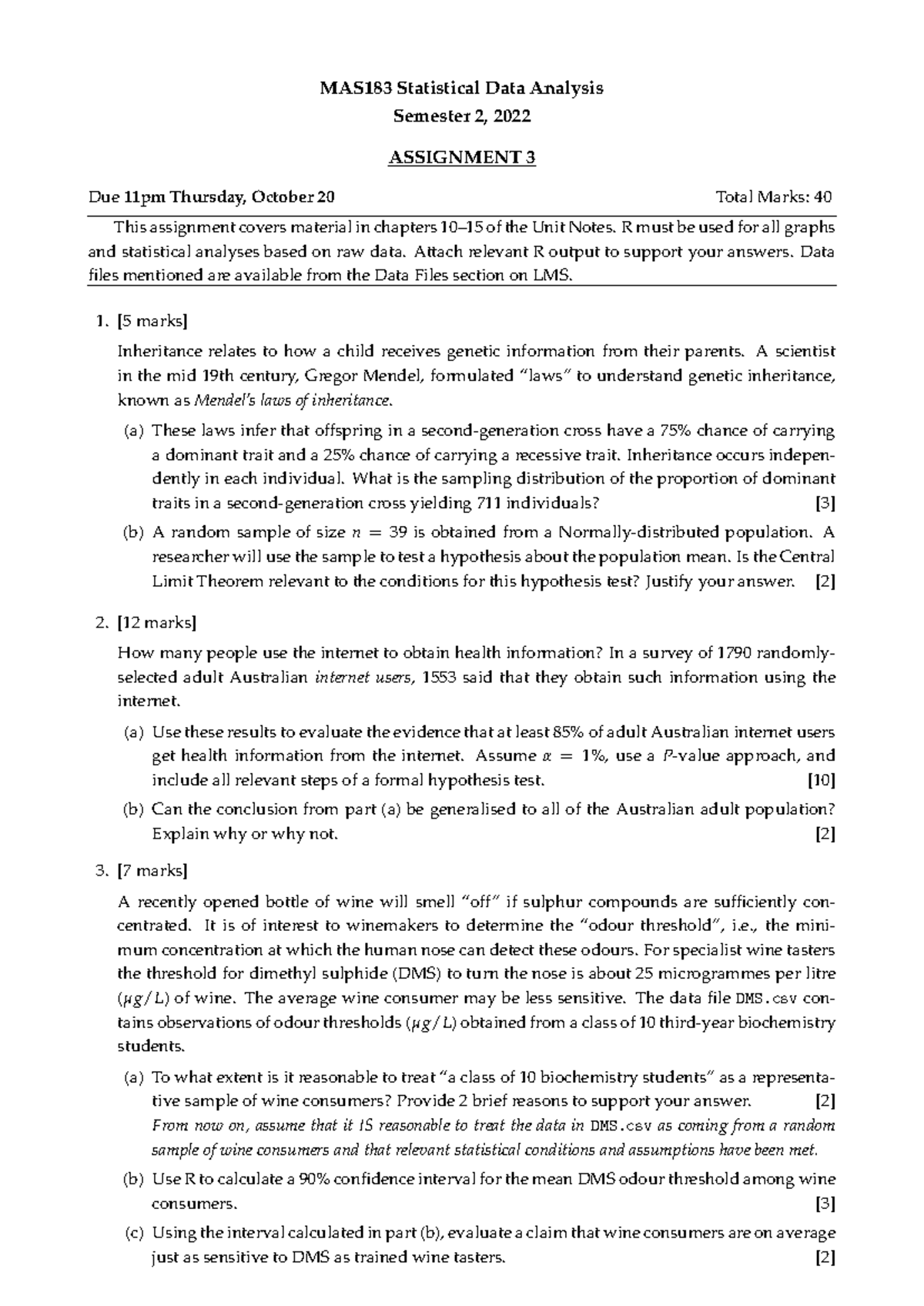 Mas183 Ass3 2022 Notes To Help Complete Assignment Mas183 Statistical Data Analysis