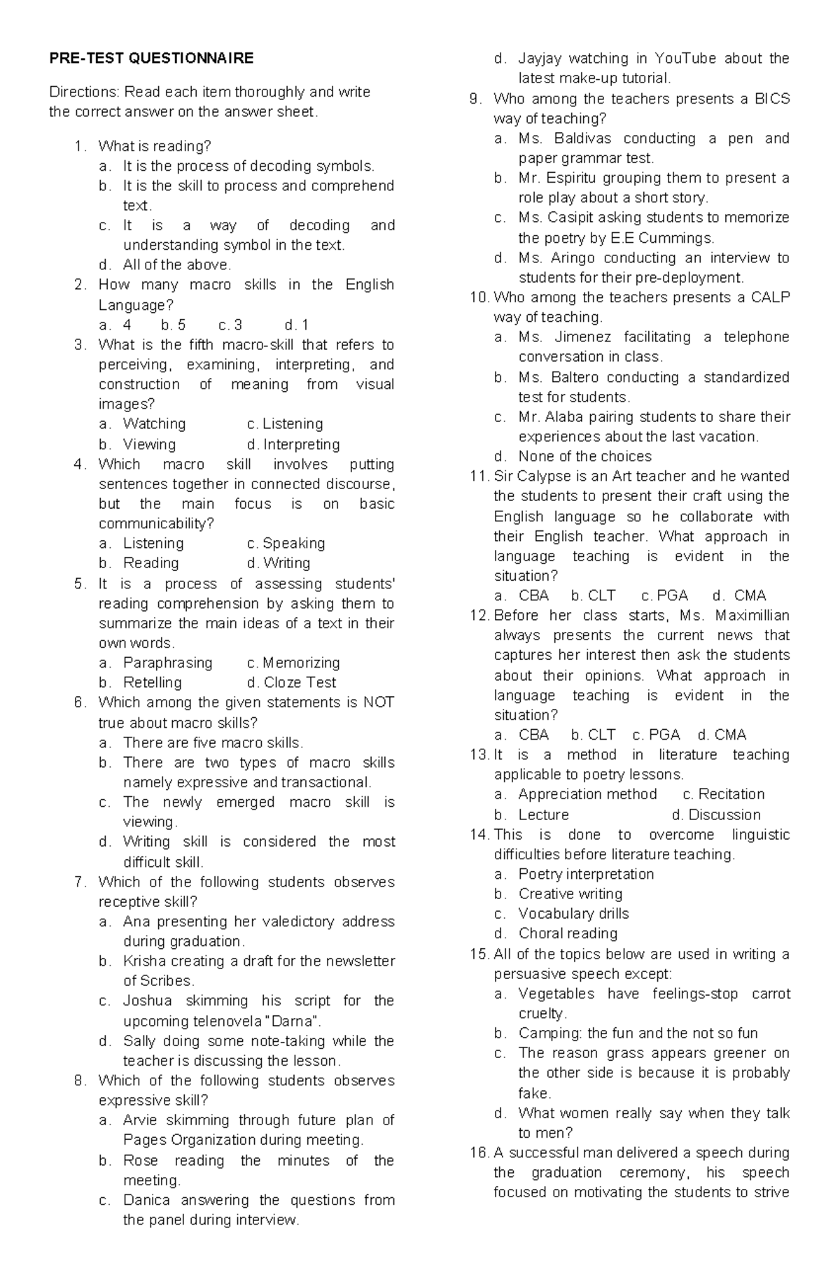 LET PRE TEST G4 - let review - PRE-TEST QUESTIONNAIRE Directions: Read ...