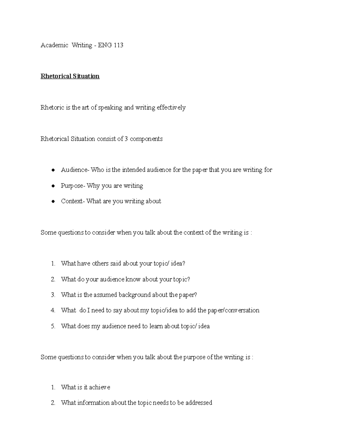 Academic Writing - ENG 113-Rhetorical Situation - Academic Writing ...