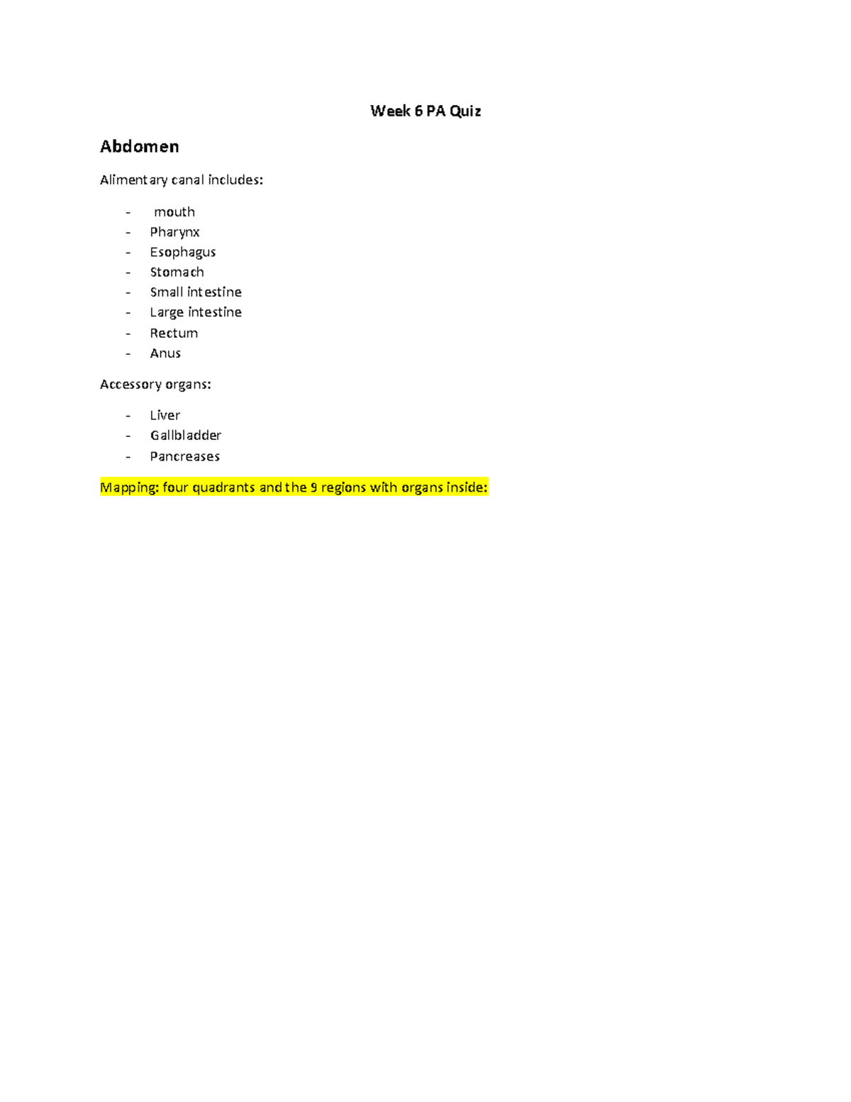 Week 6 PA - week 6 notes study guide - Week 6 PA Quiz Abdomen ...