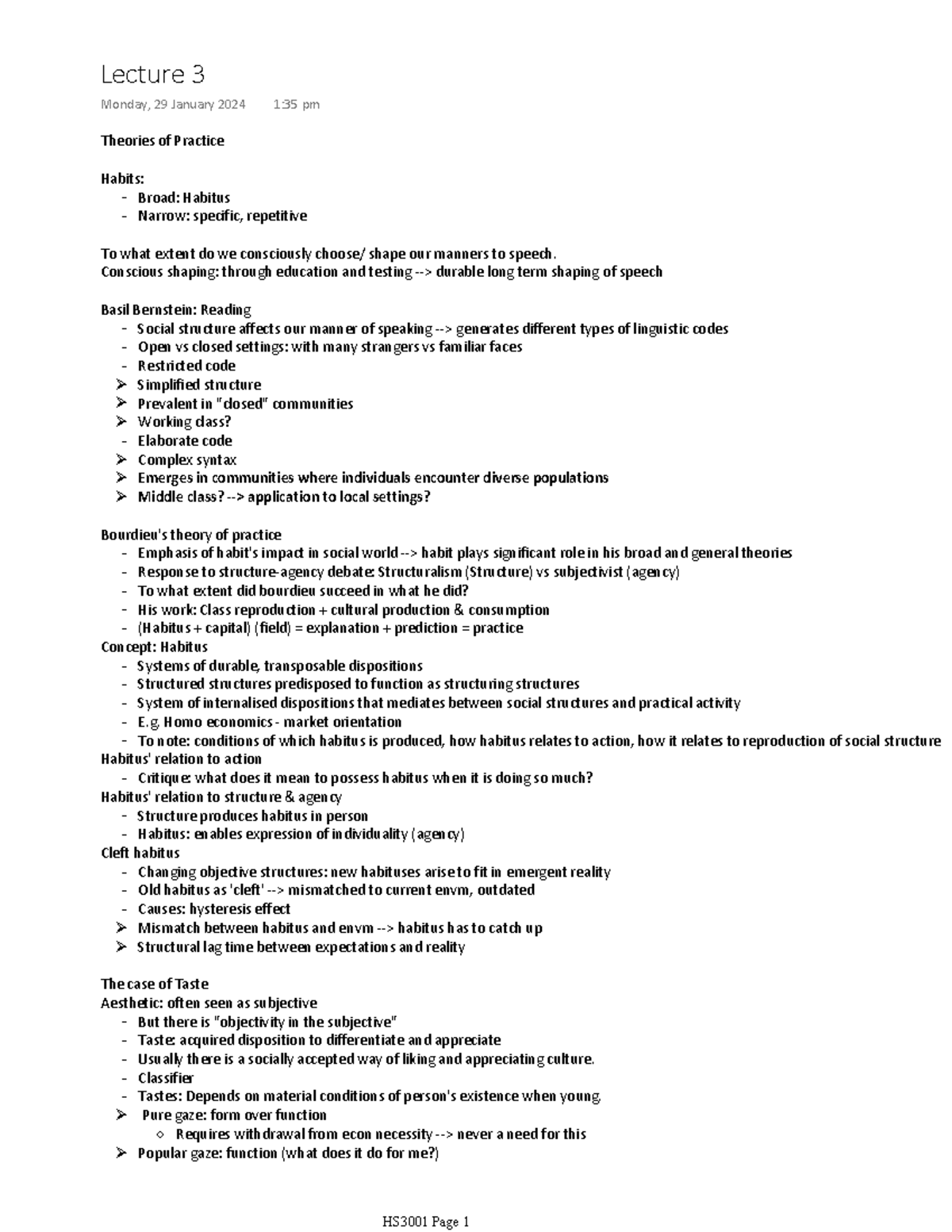 HS3001 L3 - Week 3 lecture notes - Theories of Practice Habits: - Broad ...