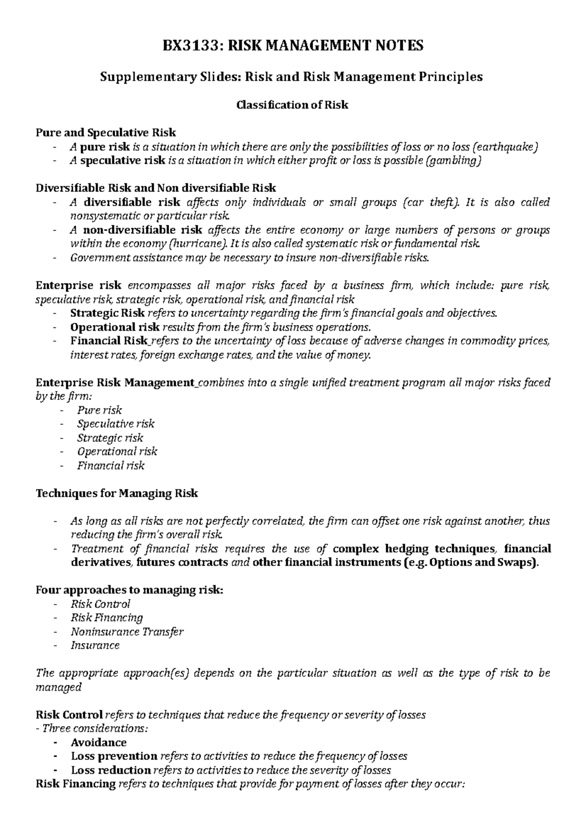 BX3133 - Risk Management Notes - BX3133: RISK MANAGEMENT NOTES ...