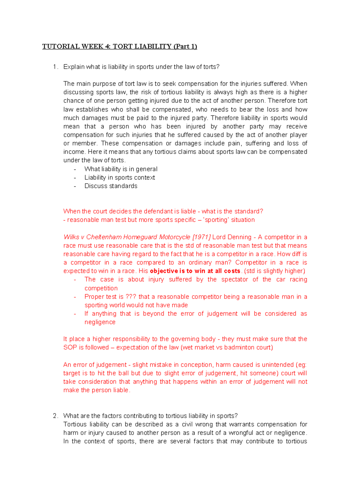 TORT Liability (Part 1) - TUTORIAL WEEK 4: TORT LIABILITY (Part 1 ...