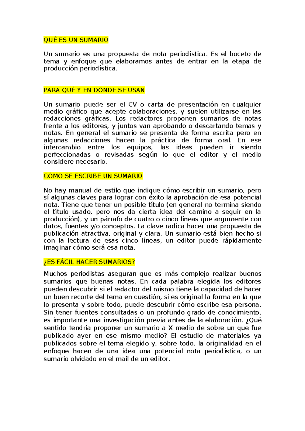 Sumarios - Tema de cursada - QUÉ ES UN SUMARIO Un sumario es una ...