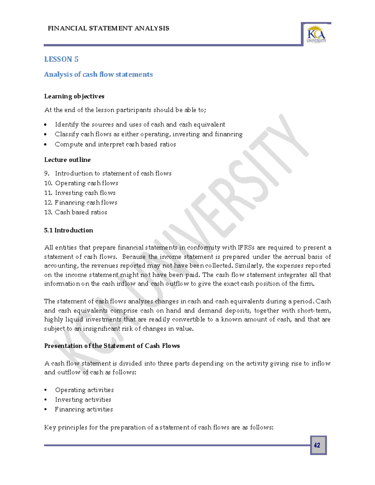 Lesson 5 - n/a - LESSON 5 Analysis of cash flow statements Learning ...