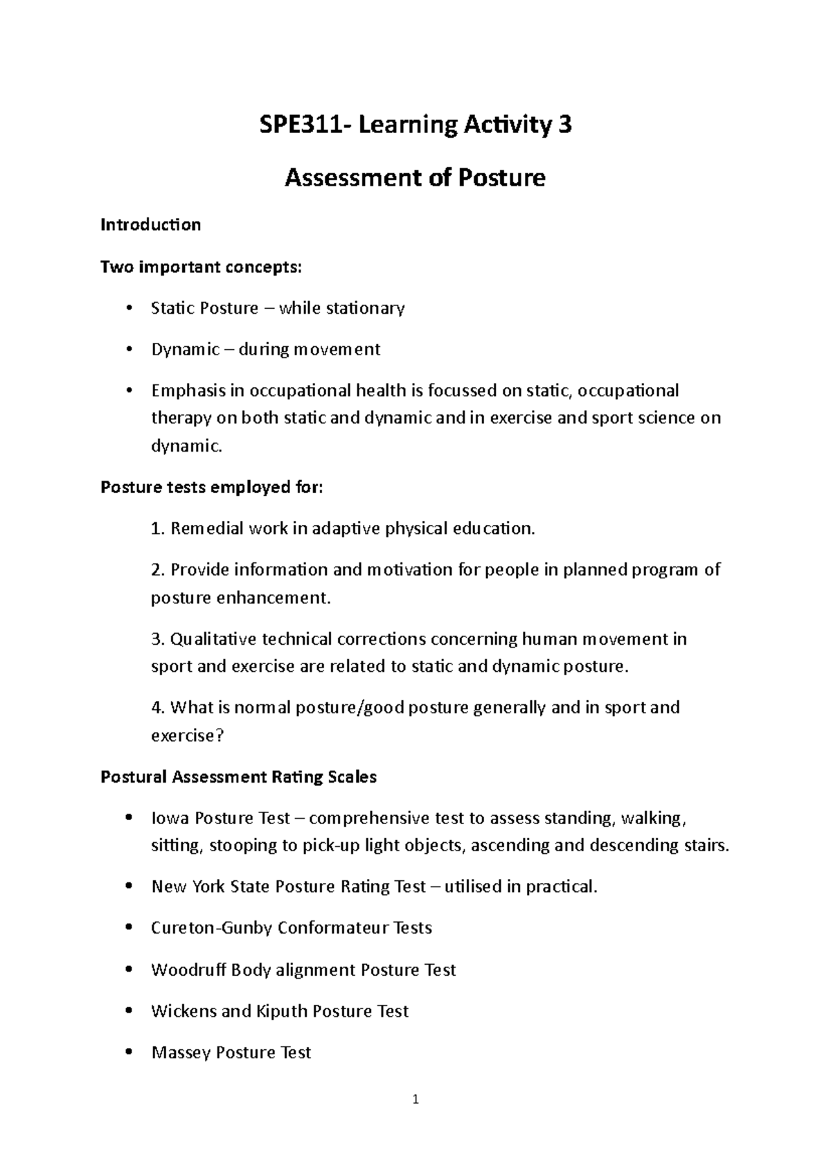 Learning Activity 3 - Assessment of Posture - SPE311- Learning Activity ...