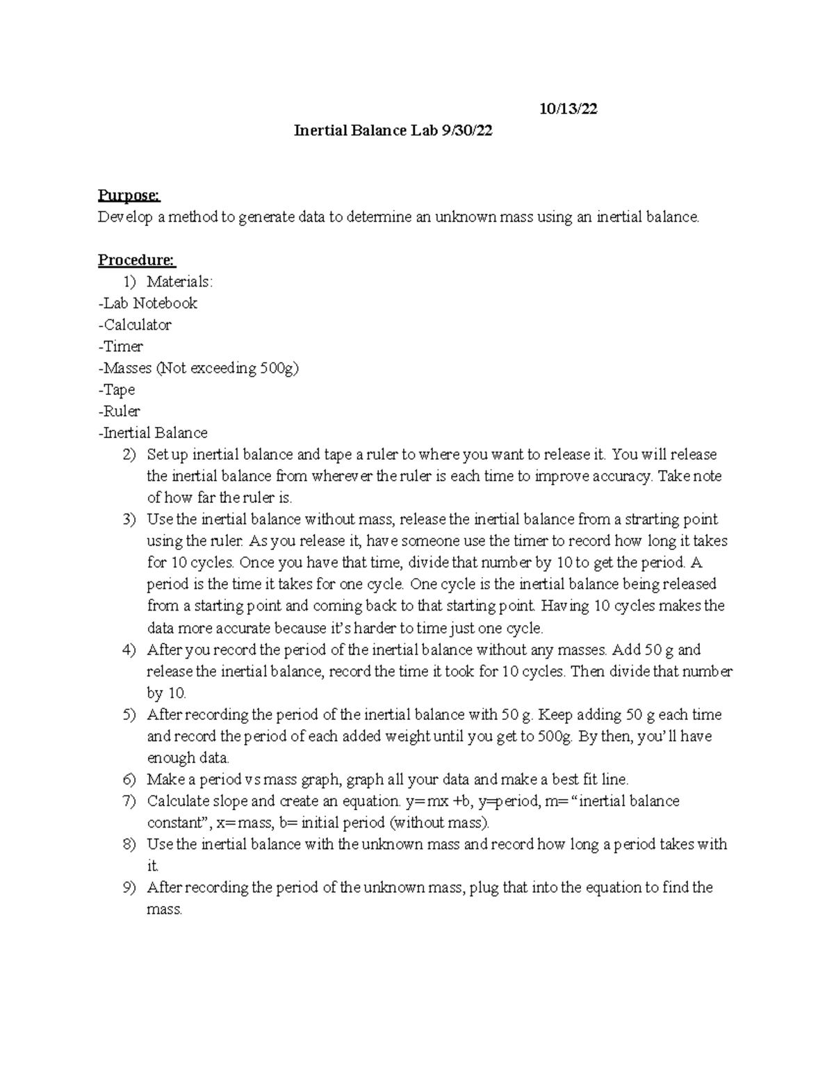 Inertial Balance Lab - 10/13/ Inertial Balance Lab 9/30/ Purpose ...