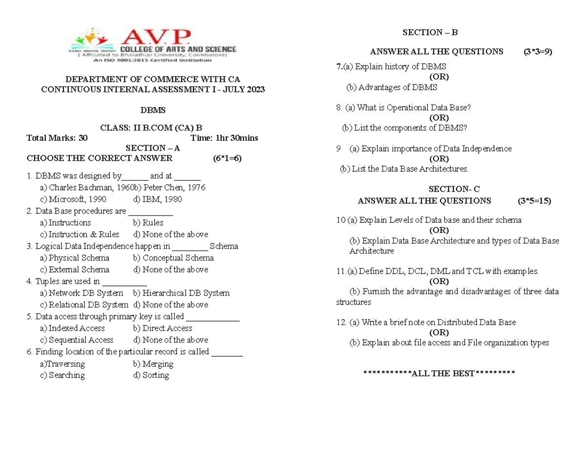 DBMS Question Paper IST Internal - DEPARTMENT OF COMMERCE WITH CA ...
