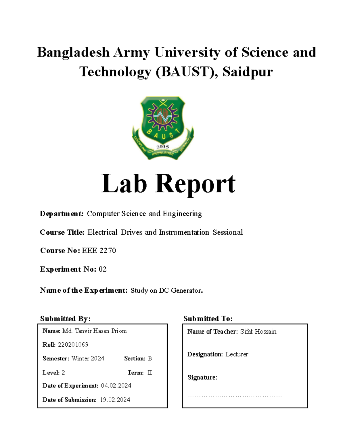 Eee 2 priom 69final - Bangladesh Army University of Science and Technology (BAUST), Saidpur Lab ...