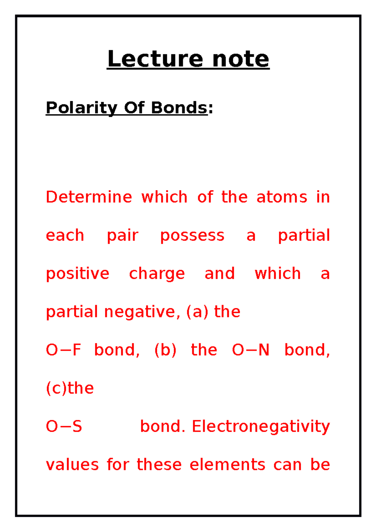 Lecture notes of Polarity of Bonds - Lecture note Polarity Of Bonds ...