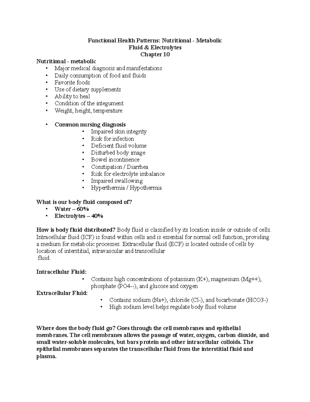 Guided Notes F&E - Functional Health Patterns: Nutritional - Metabolic ...