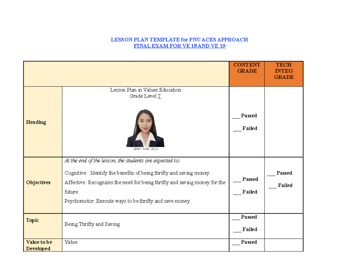 GOCO Being thrifty and saving -BVE 3-12 - LESSON PLAN TEMPLATE for PNU ...